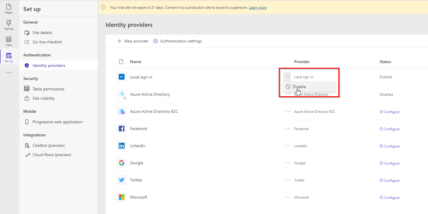 Disable Local Sign In in Power Pages | Tutorial | Power Platform Universe